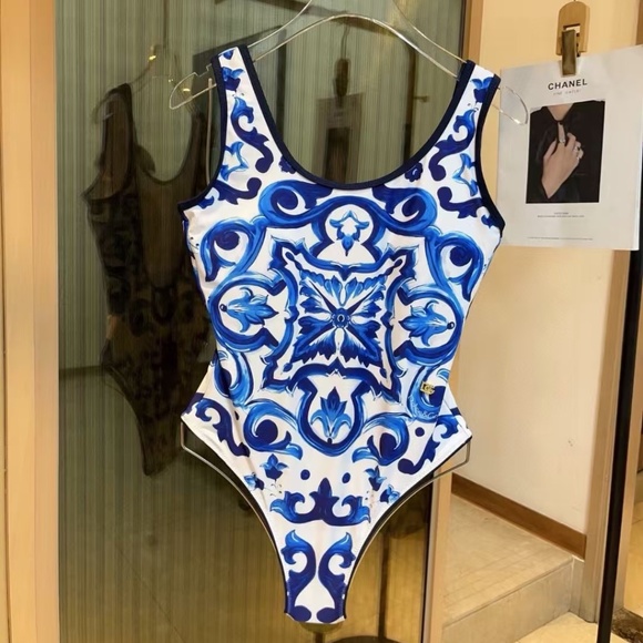 Swim | Baroque Print Swimsuit Luxury Blue White One Piece High Cut ...